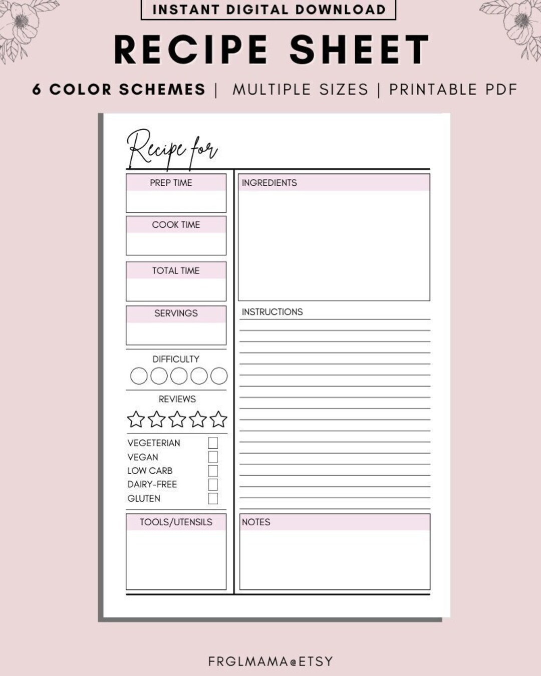 Recipe Sheet Printable, Recipe Binder, Recipe Instructions, Printable ...