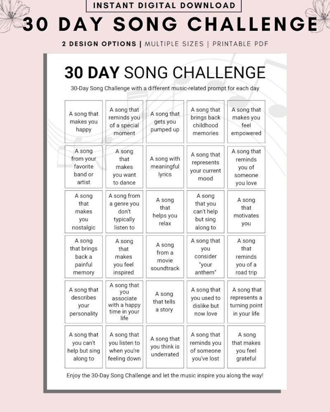 30 Day Song Challenge Printable, 30 Day Good Mood Challenge Printable ... 30 Day Song Challenge Printable, 30 Day Good Mood Challenge Printable ...