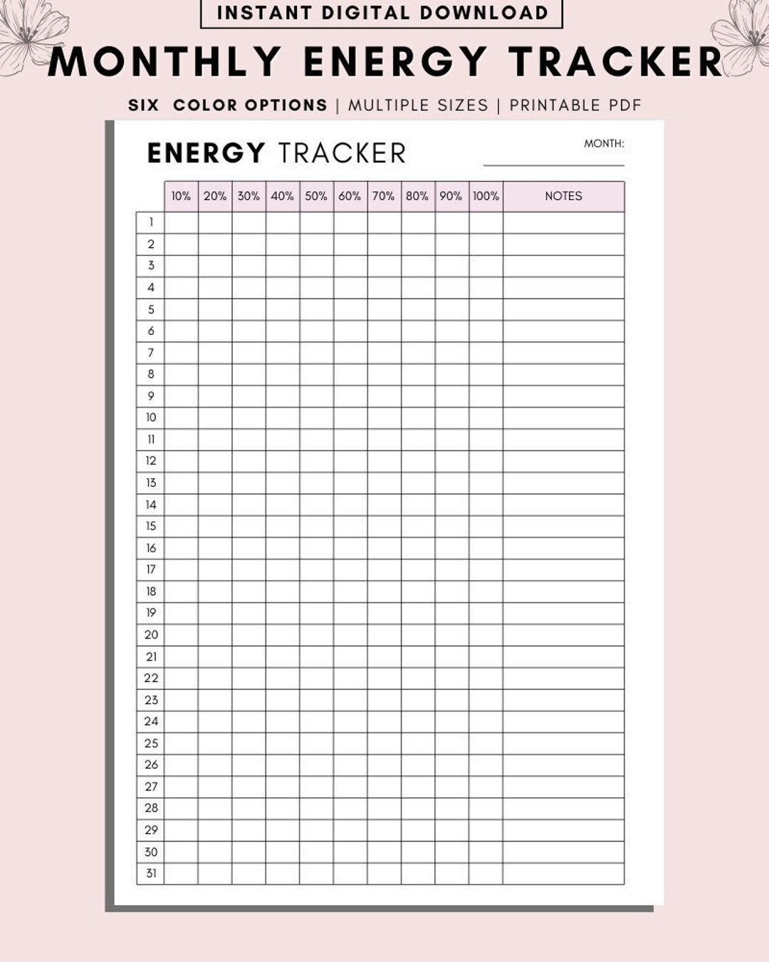 Energy Tracker, MONTHLY Energy Level Tracker Printable, Track Energy ...