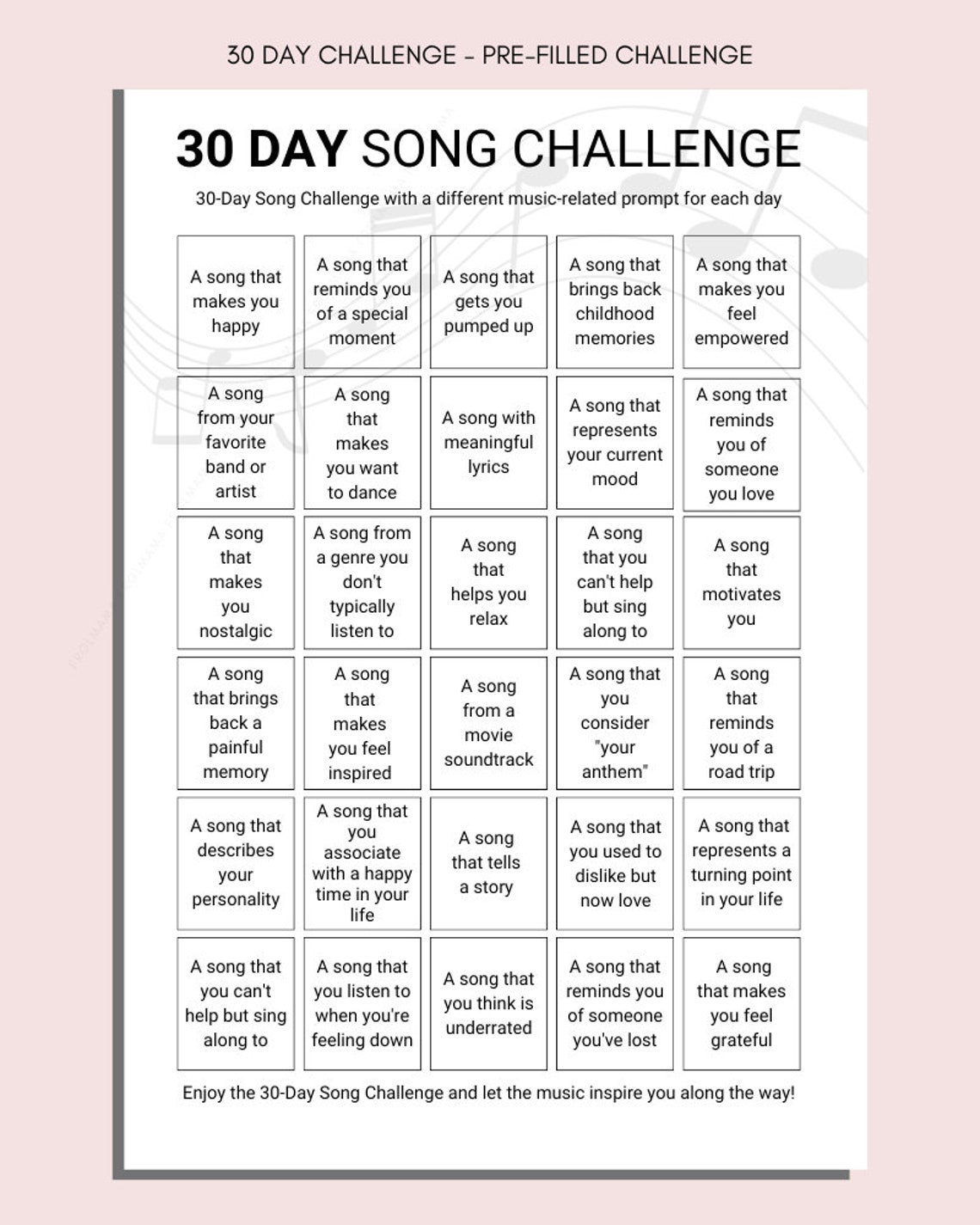 30 Day Song Challenge Printable: Mood Tracker (PDF Download) - Etsy