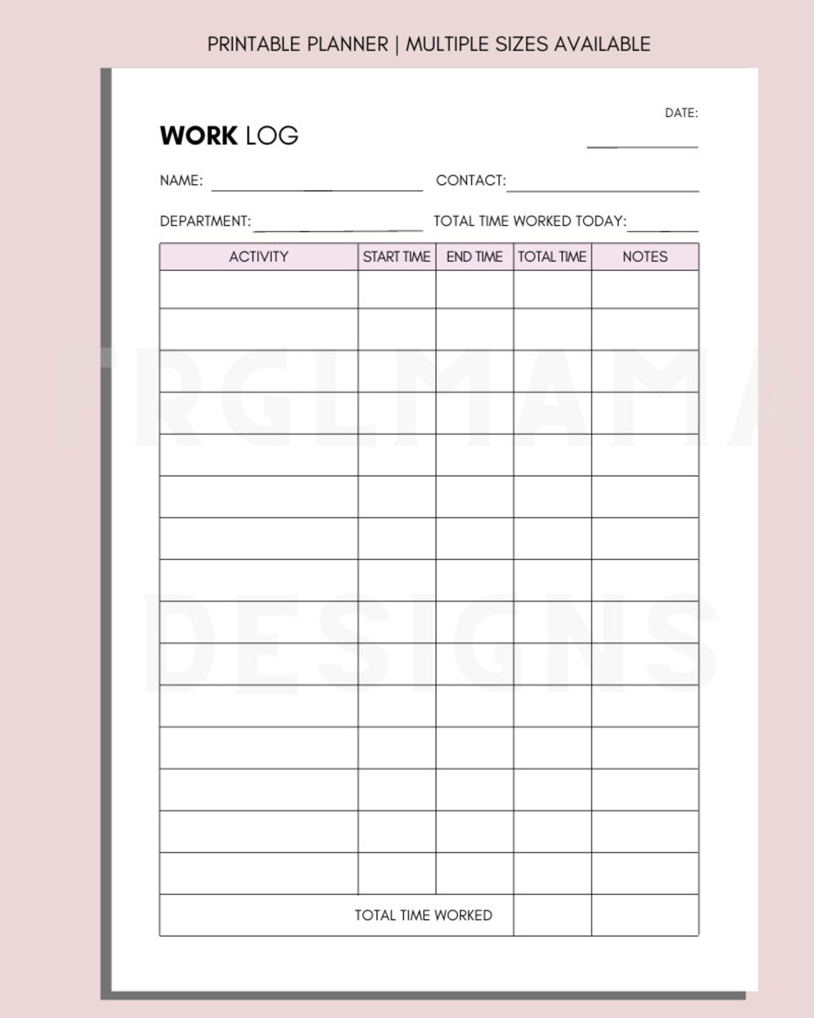 Printable Work Log: Time Tracker, Timesheet (PDF) - Etsy