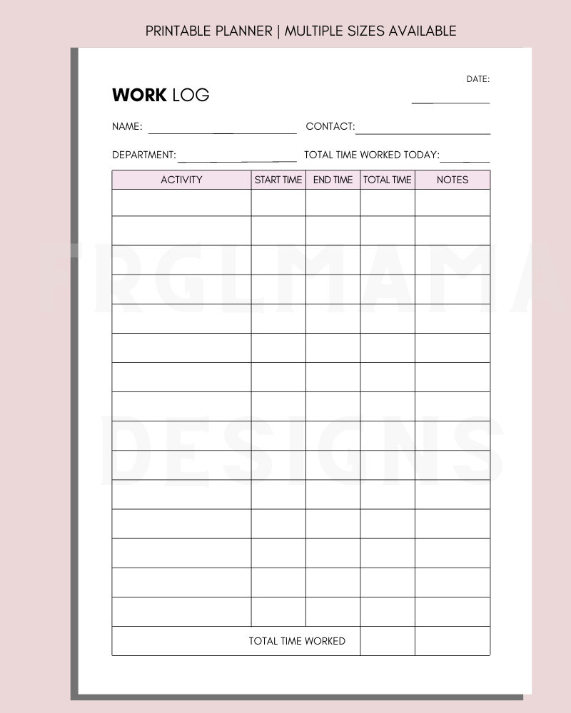 Printable Work Log: Time Tracker, Timesheet (PDF) - Etsy