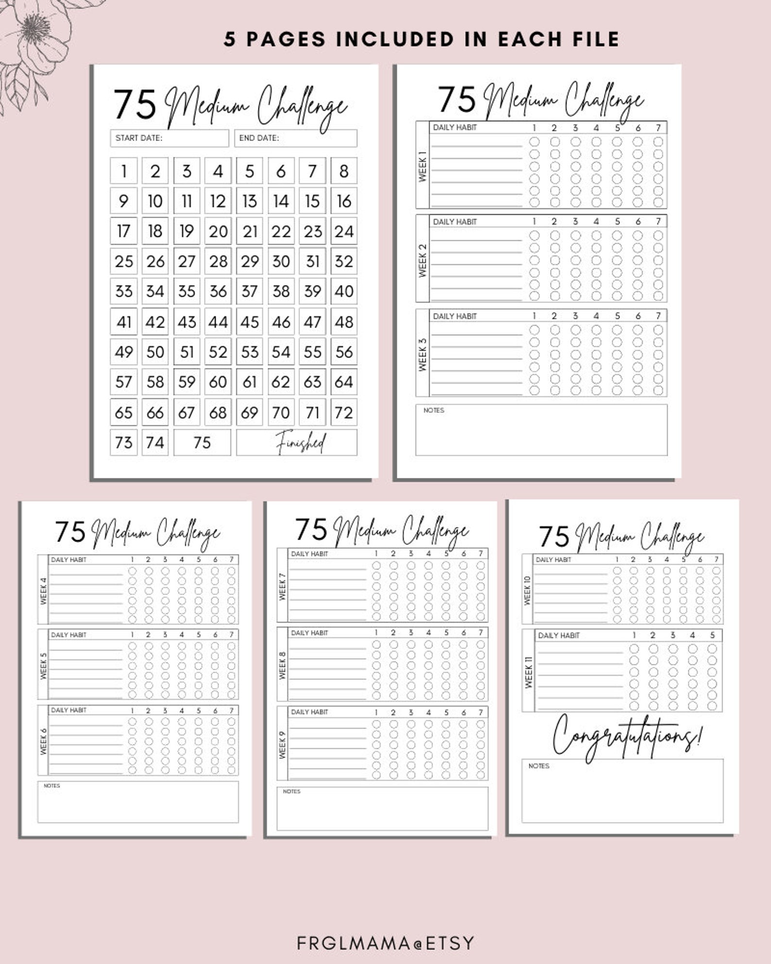 Blank 75 Medium Challenge Tracker 75 Day Challenge Printable | Etsy