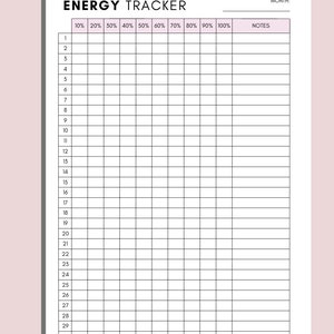 Energy Tracker, MONTHLY Energy Level Tracker Printable, Track Energy ...