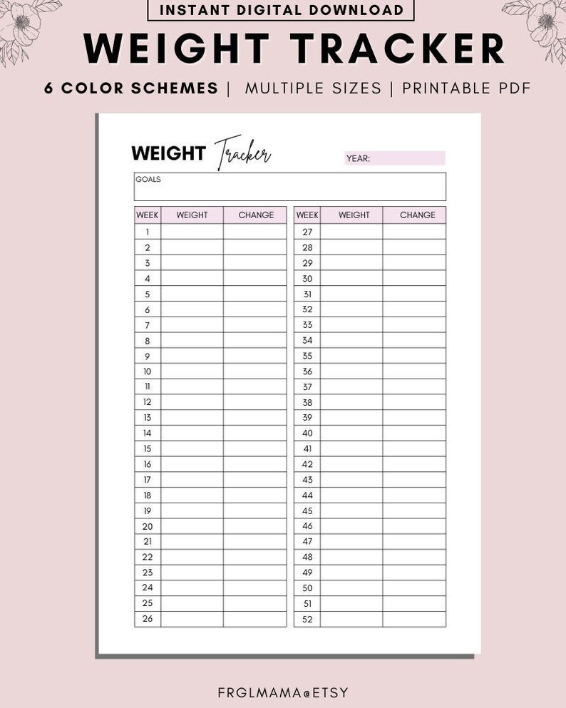 Printable Weight Loss Tracker: Weekly Weigh-in, Food Log (A4 A5 Letter ...
