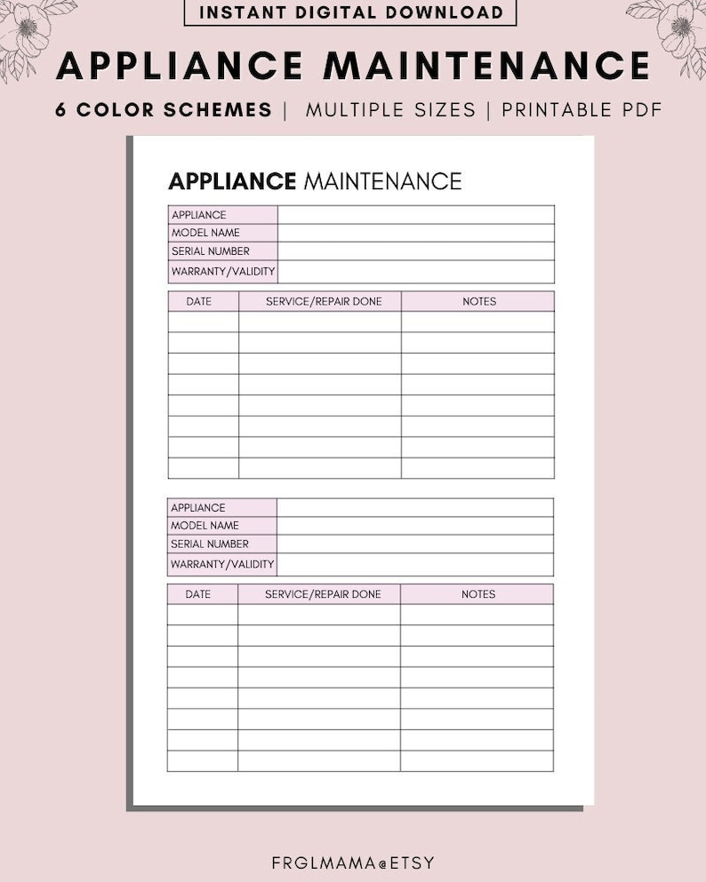 Appliance Maintenance Log: Home Organization Printable (A4 A5 Letter ...