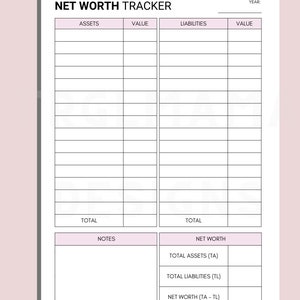 Net Worth Tracker Printable, Asset and Liability Balance Sheet ...