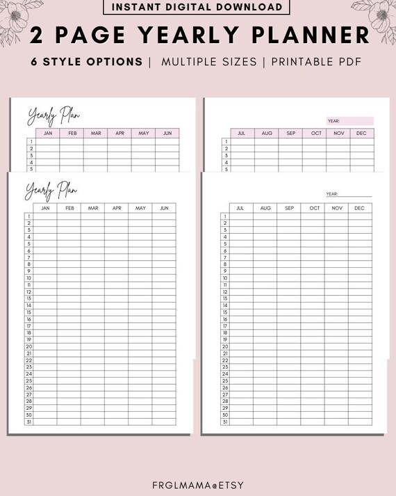 Printable 2 Page Yearly Planner Year at a Glance Yearly - Etsy