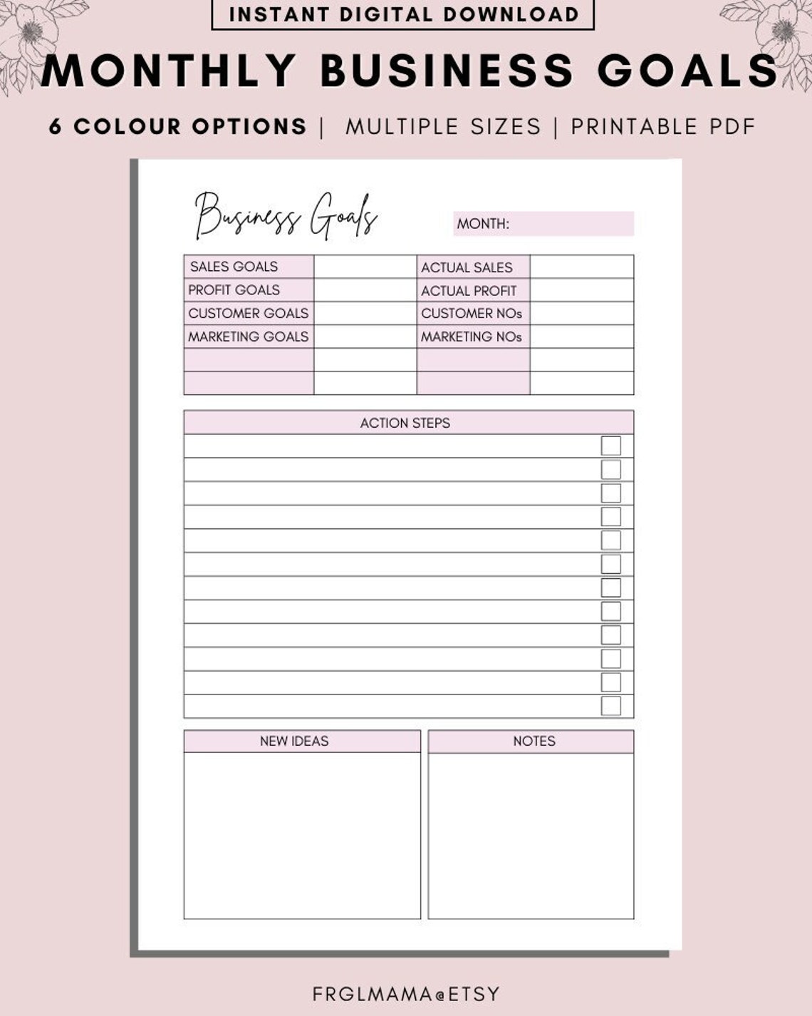 Monthly Business Goals Printable: Small Business Goal Worksheet (A4 A5 ...