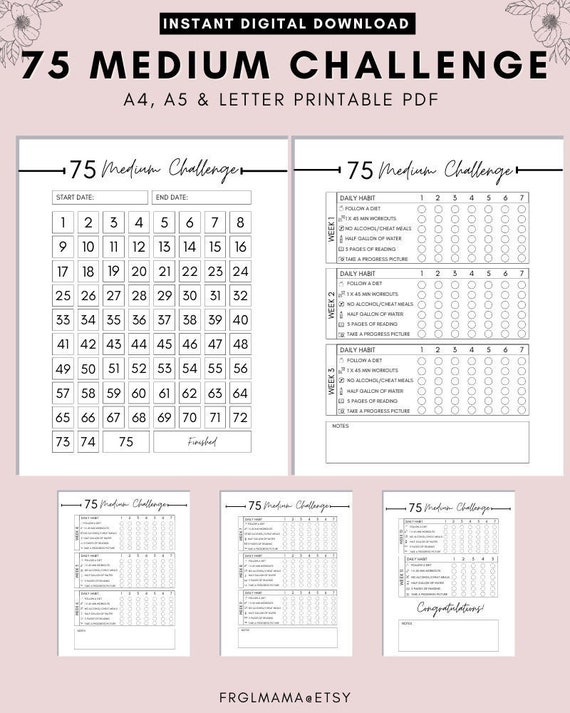 75 Medium Challenge Tracker 75 Soft Challenge 75 Day Etsy
