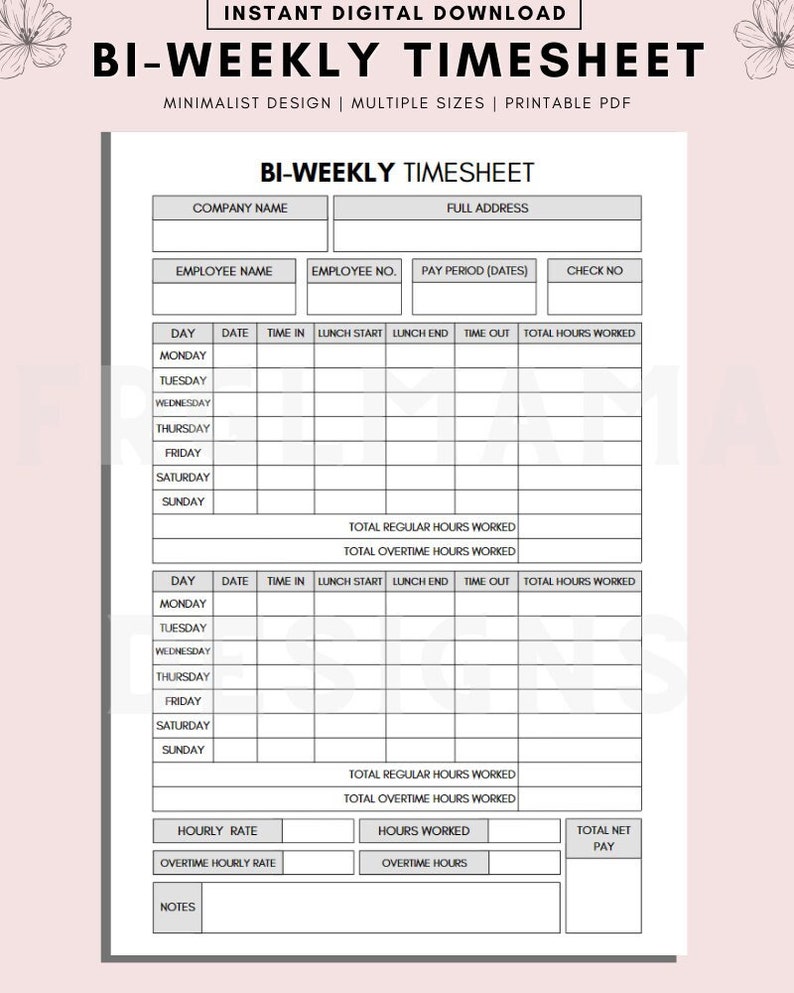 Employee Time Sheet Printable: Work Hours Tracker (PDF) - Etsy
