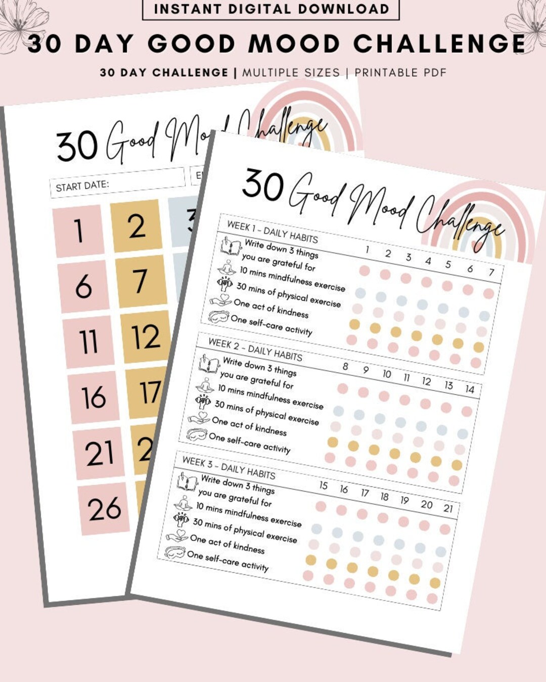 30 Day Good Mood Challenge Printable, 30 Days of Self Love, Self Love ...