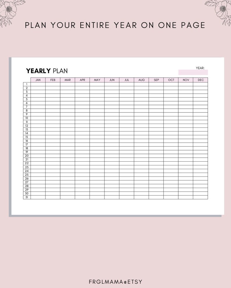 Yearly Planner on 1 Page Landscape Year at a Glance Calendar | Etsy