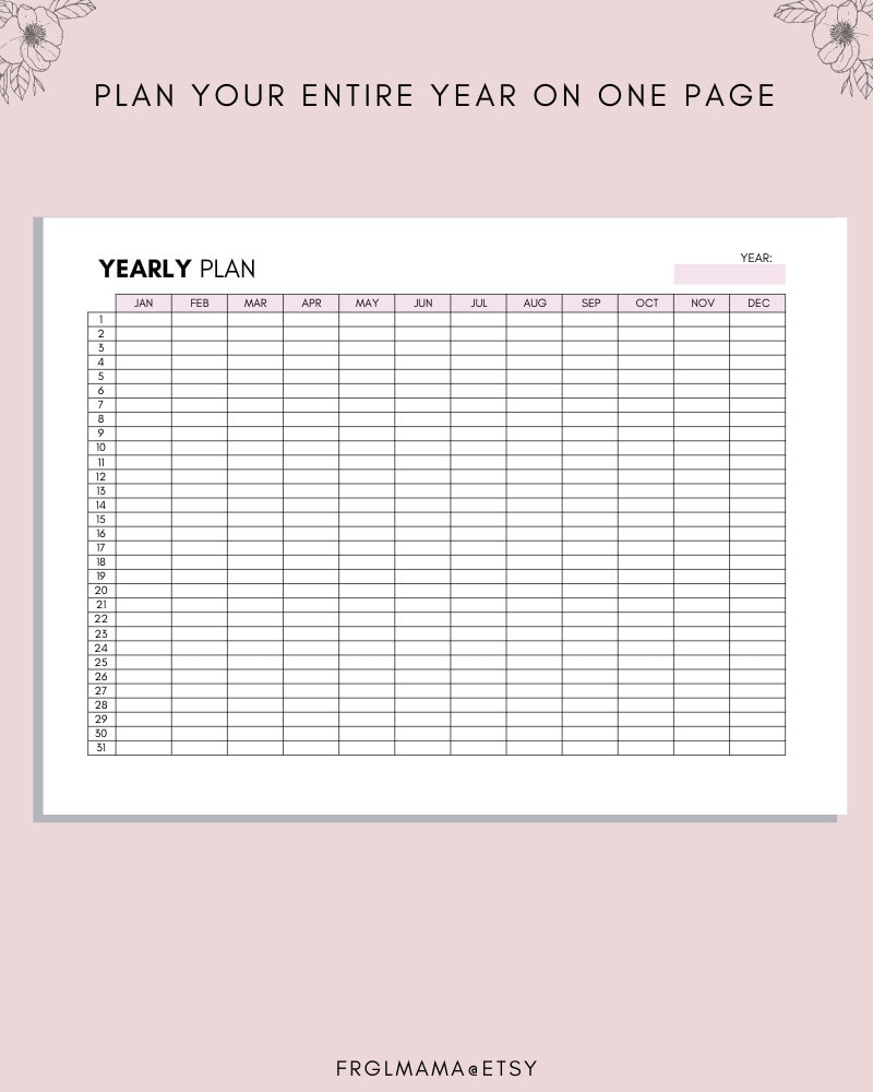 Yearly Planner on 1 Page Landscape Year at a Glance Calendar | Etsy