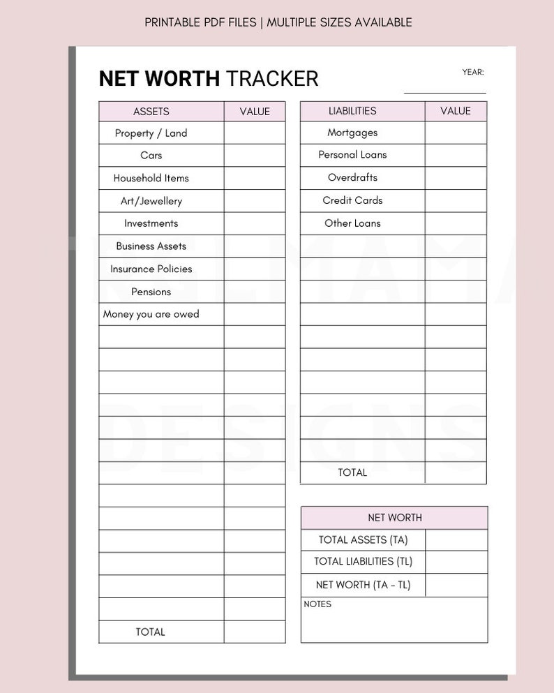 Net Worth Tracker Printable: Asset & Liability Sheet (A4 A5 Letter PDF ...