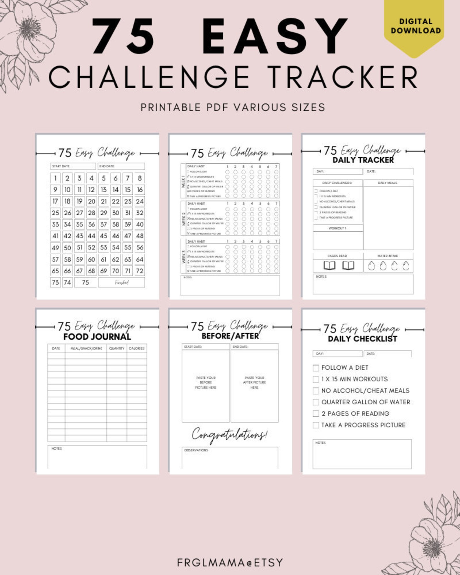 75 EASY Challenge Tracker BUNDLE 75 Day Challenge Printable - Etsy