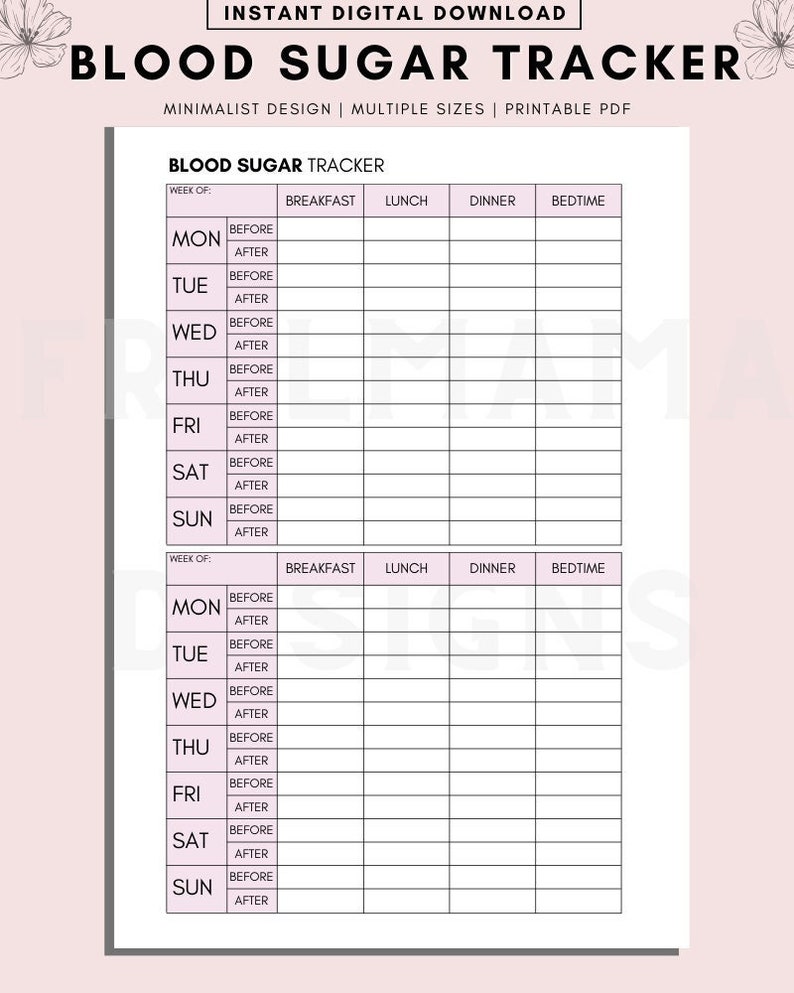 Blood Sugar Log Printable, Blood Sugar Tracker Printable, Blood Glucose ...