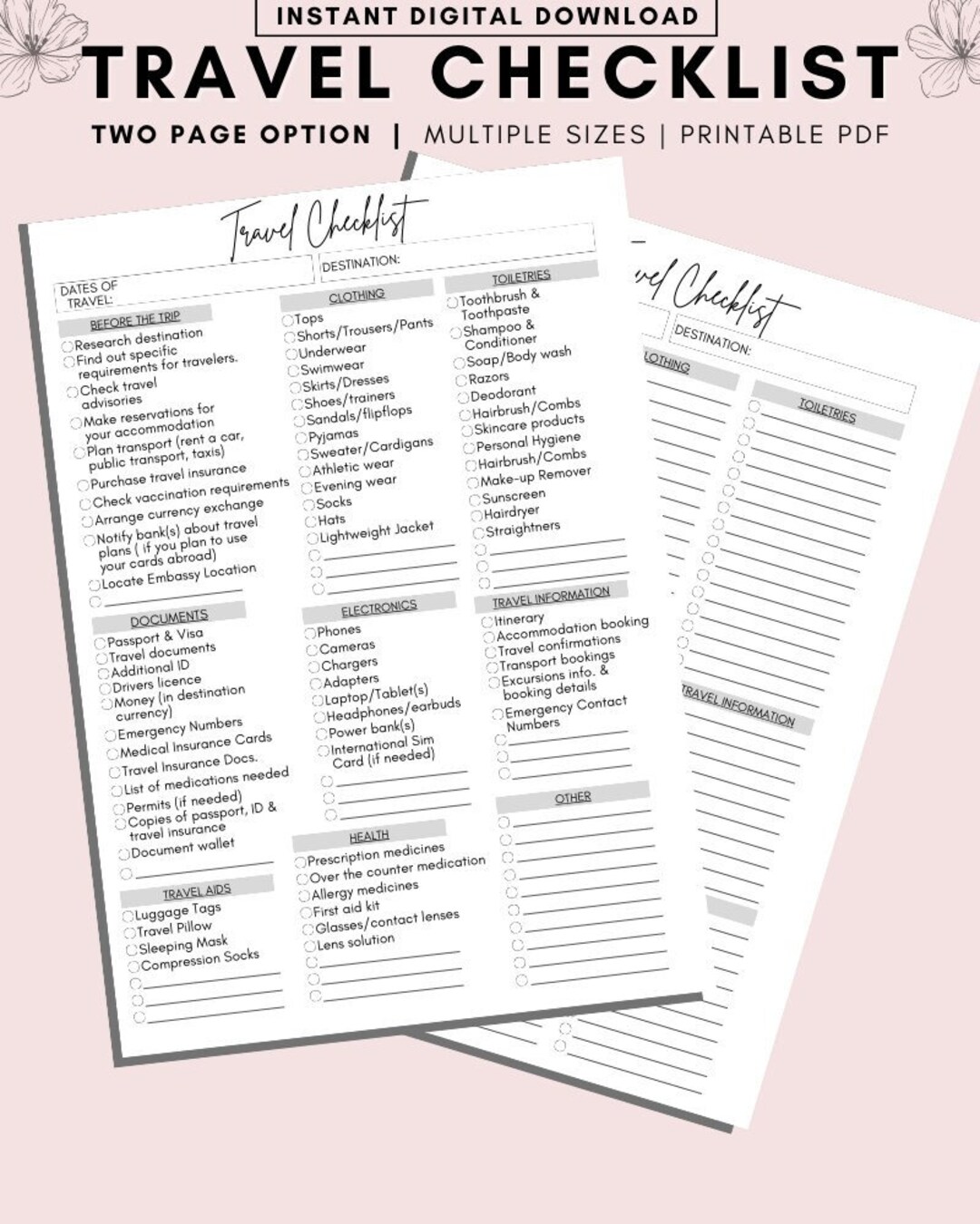Travel Packing List Printable, Blank Vacation Packing List Printable ...