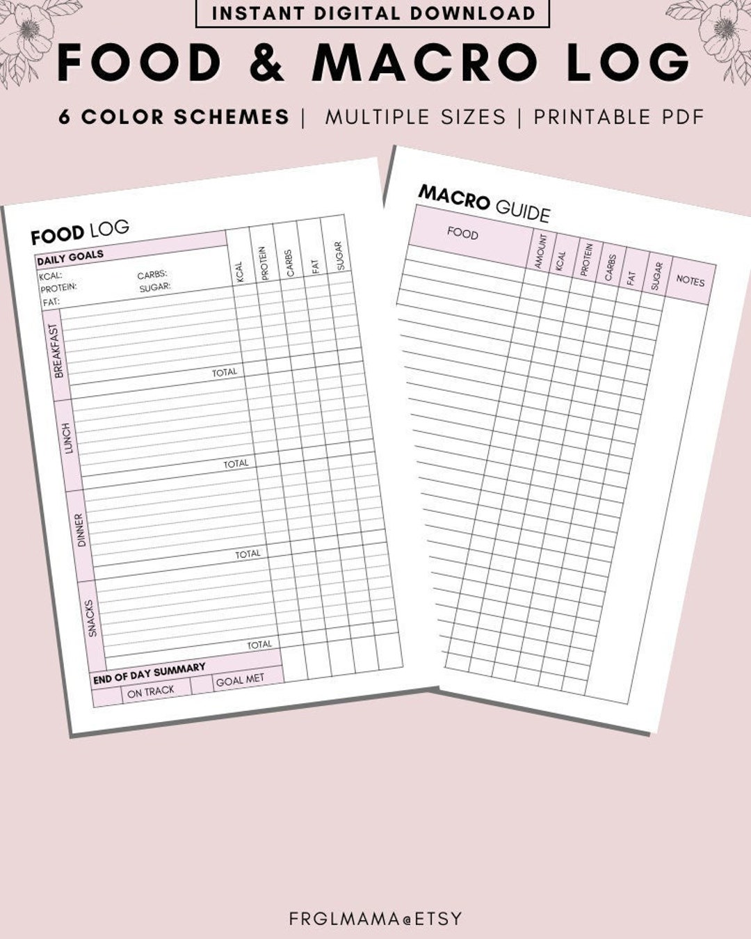 Printable Food & Macro Log: Daily Calorie Tracker (a4/a5/letter PDF) - Etsy
