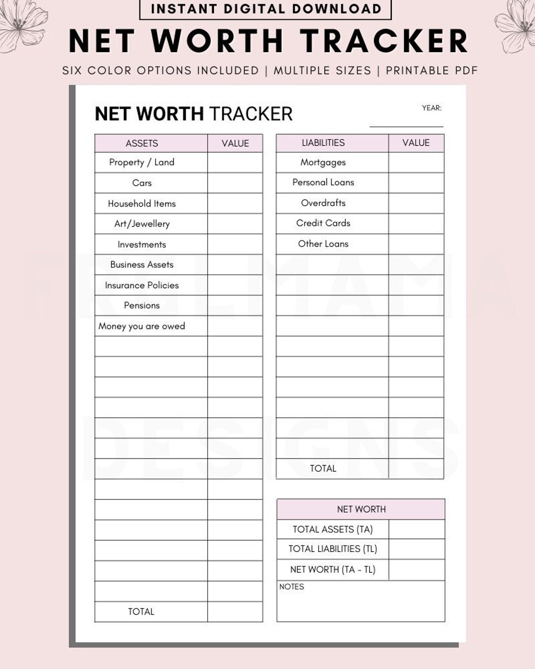 Net Worth Tracker Printable, Asset and Liability Balance Sheet ...