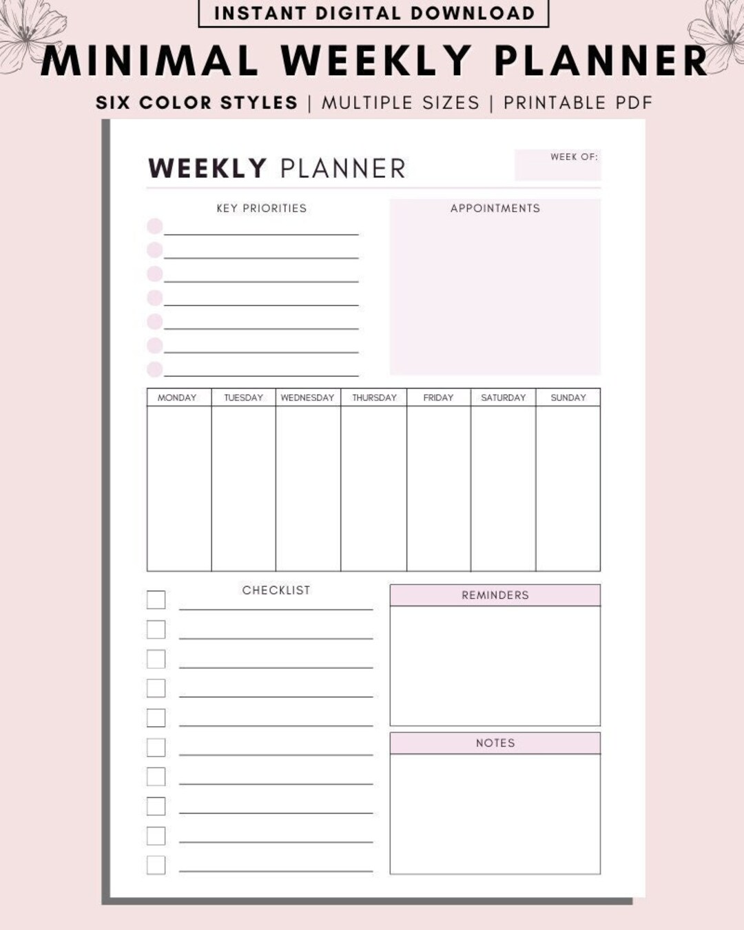 Minimalist Weekly Planner Printable, Weekly Schedule, Daily Planner ...
