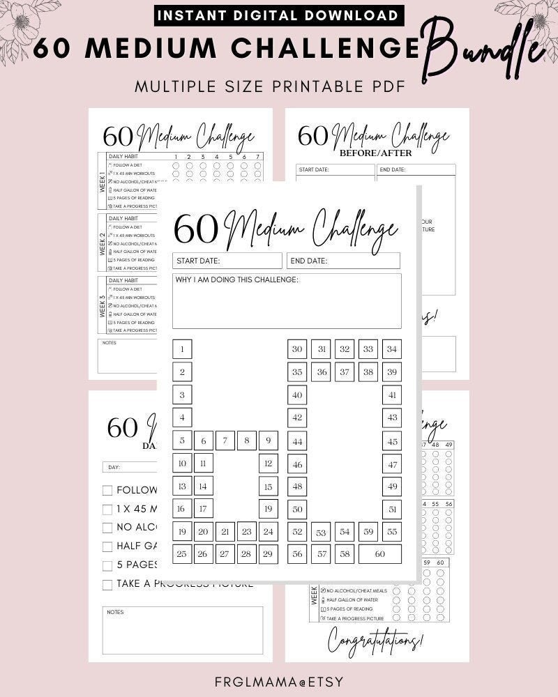 60 Medium Challenge Tracker Bundle Modified Challenge - Etsy