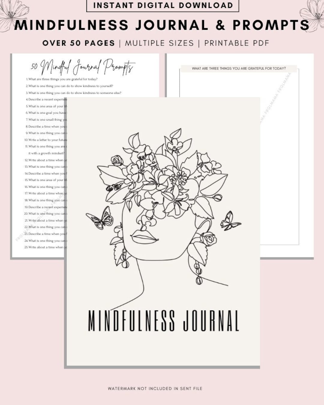 50 Journal Prompts, A4 A5 Printable Mindfulness Journal, Minimalist ...