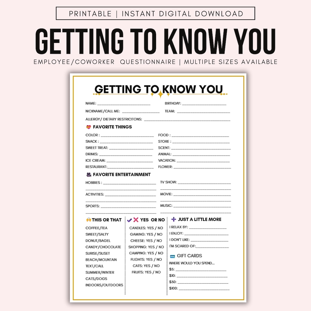 Team Building Questionnaire: Coworker & Employee 'all About Me' Survey ...