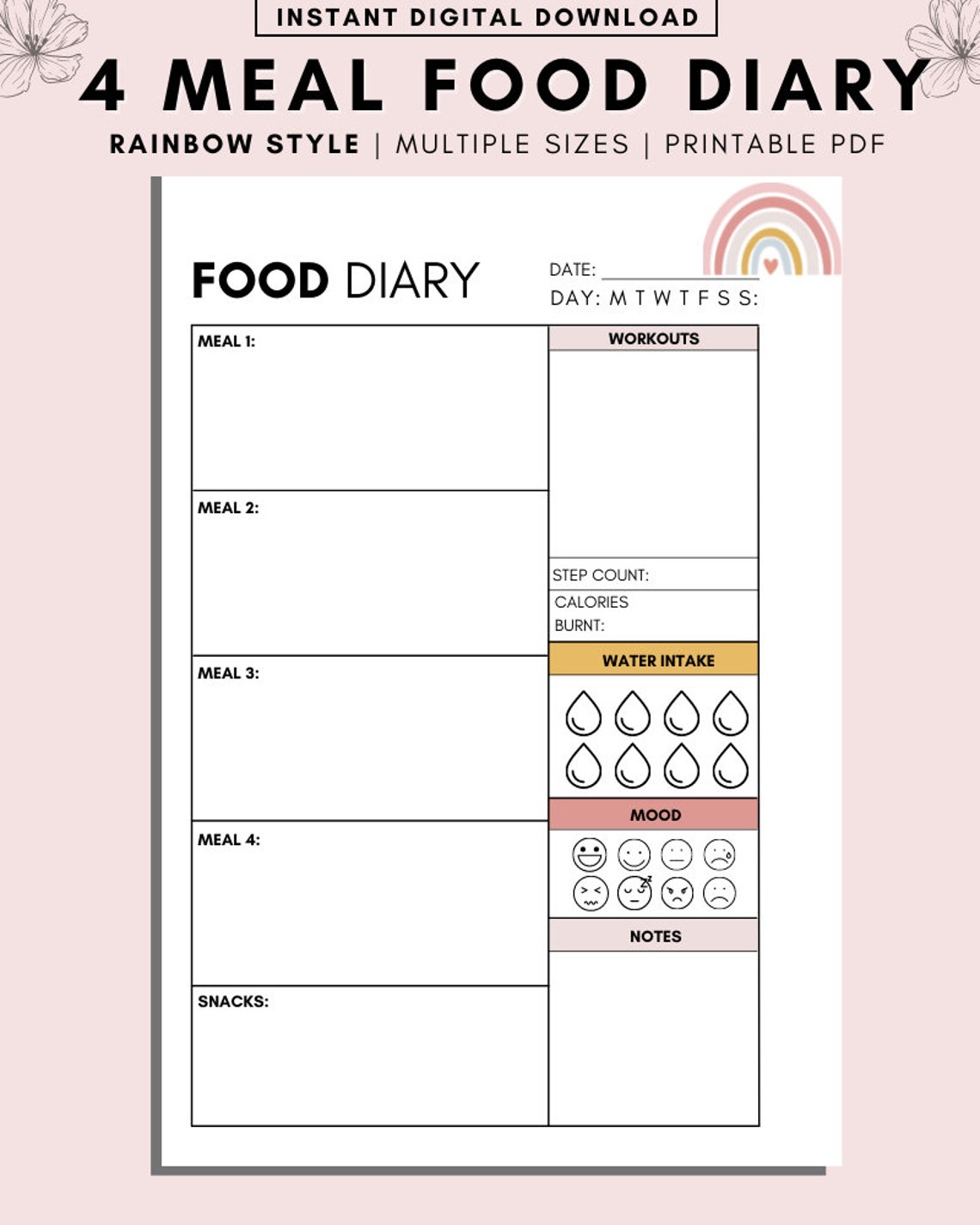 4 MEAL Daily Food Diary Printable A4 A5 Printable Daily Food - Etsy