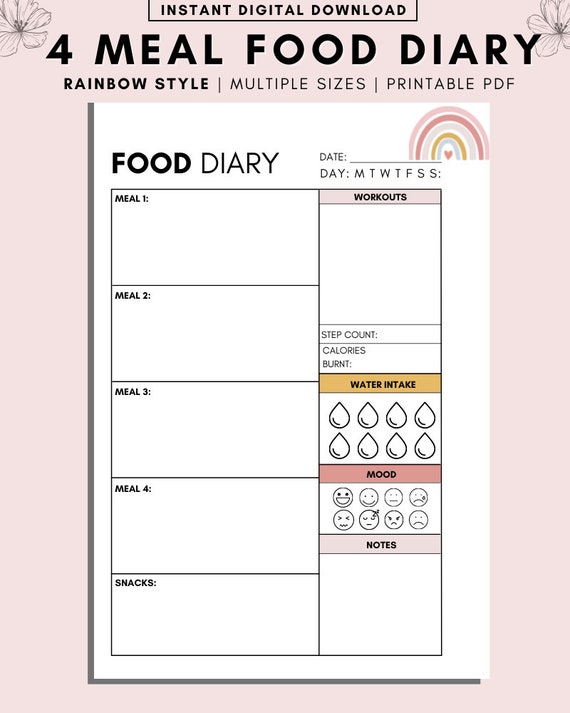 4 MEAL Daily Food Diary Printable A4 A5 Printable Daily Food - Etsy