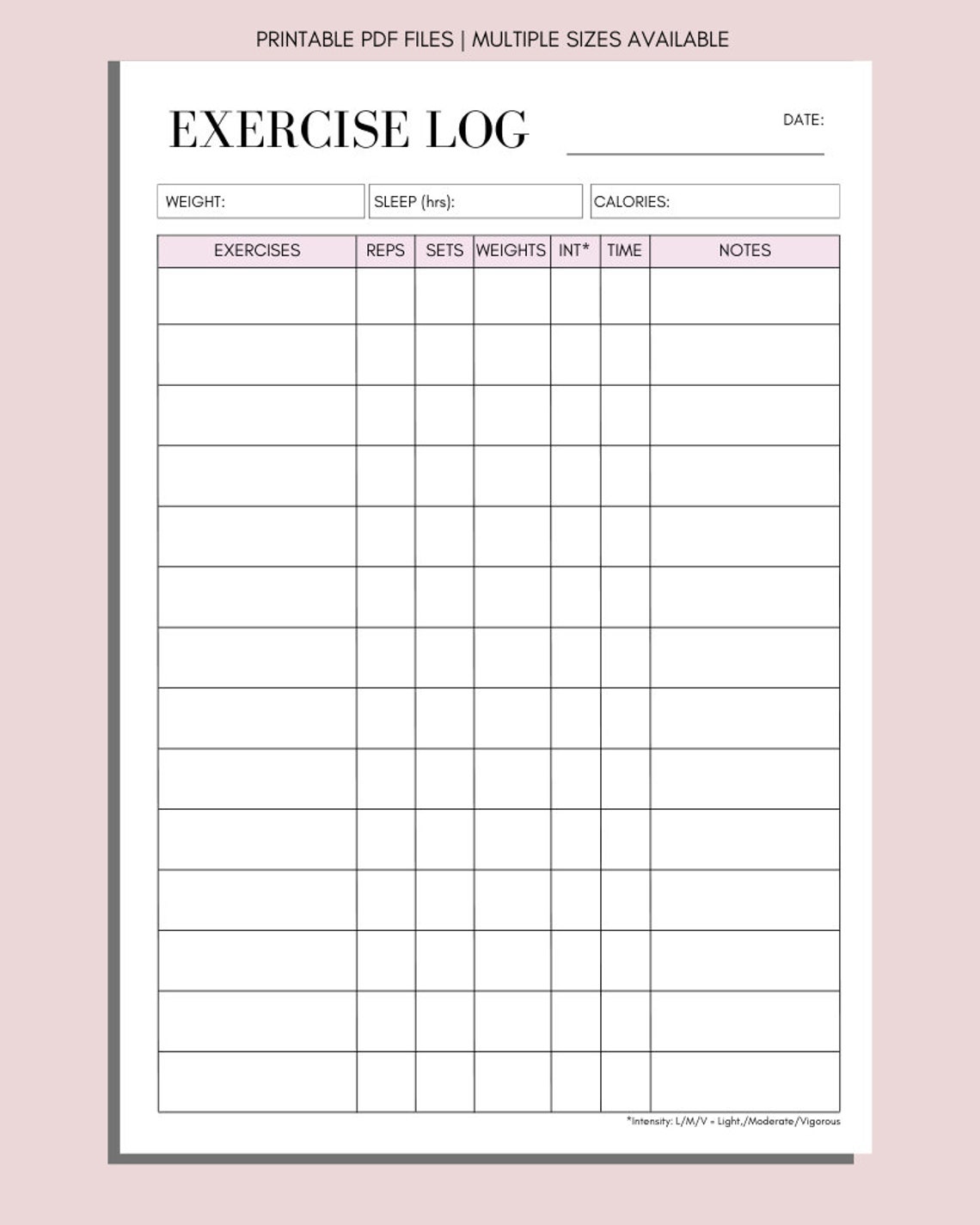 Exercise Log Printable: Gym Workout Diary, Fitness Tracker (PDF) - Etsy
