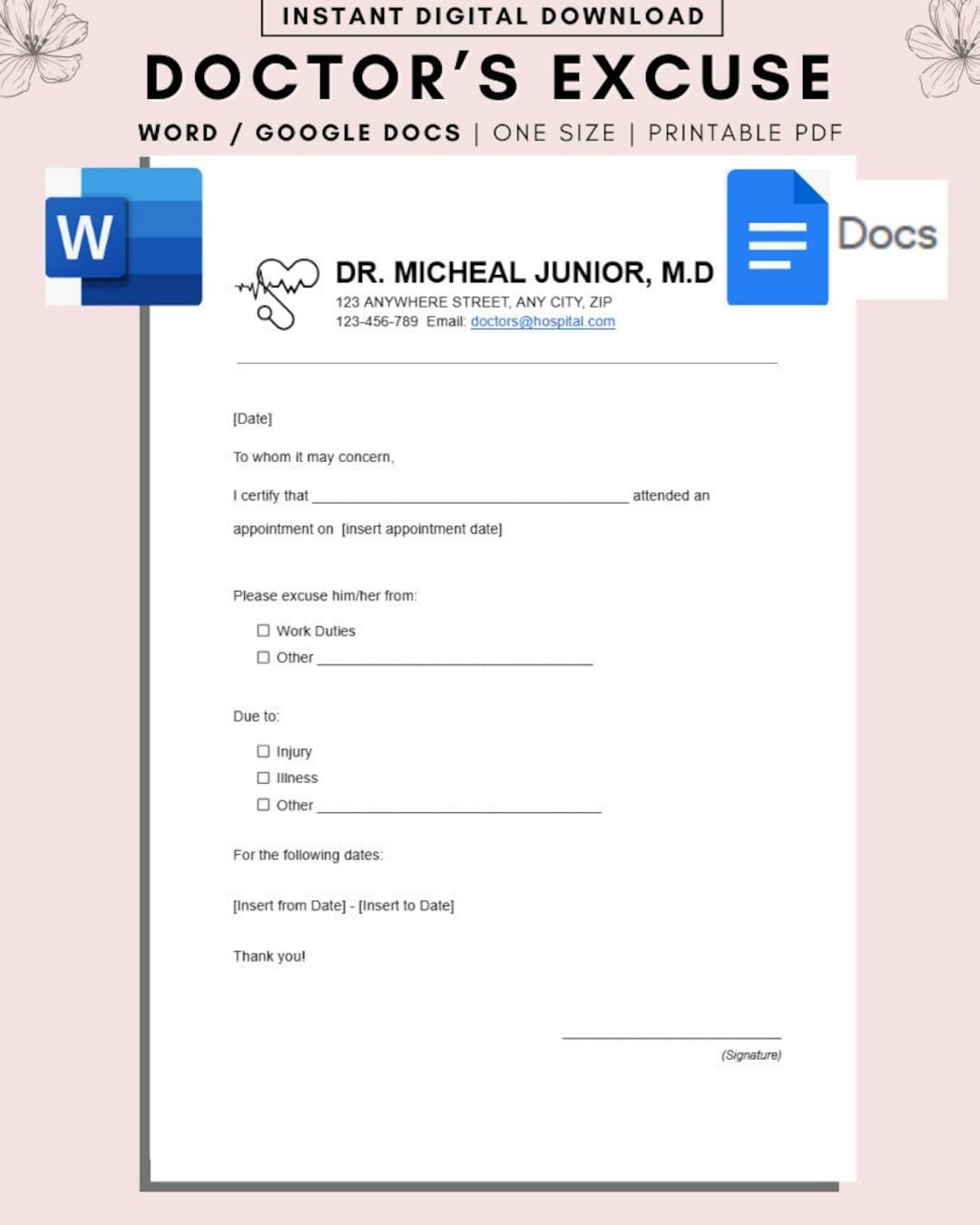Doctor Excuse Template, Doctor Excuse for Work, Doctor Excuse Letter ...