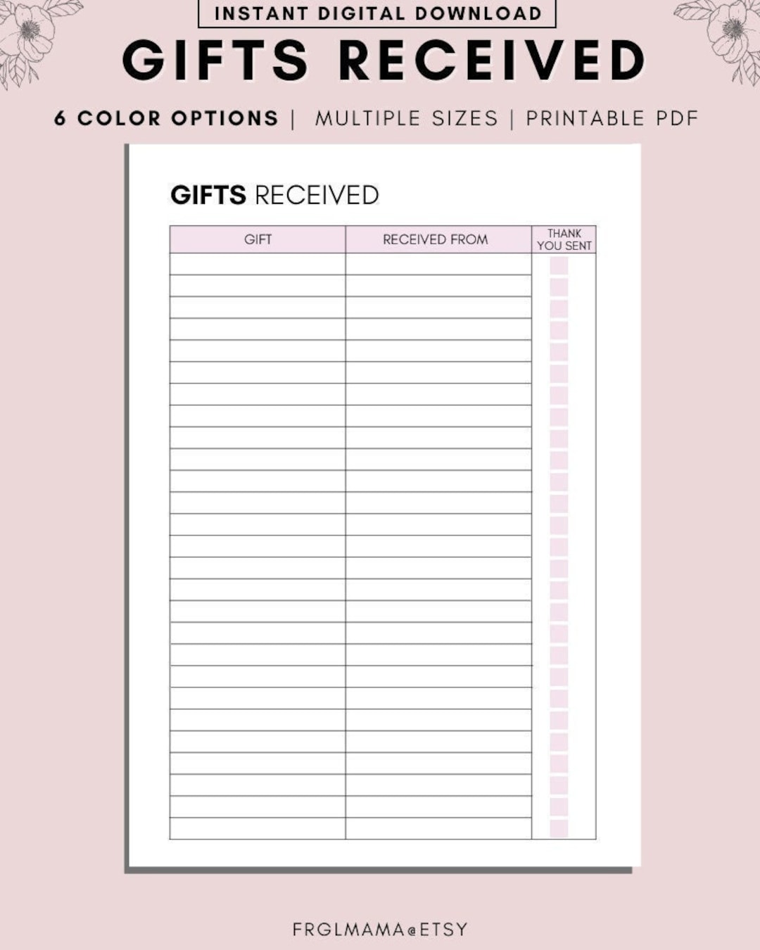 Gifts Received Printable Form, Bridal or Baby Shower, Birthday Party ...