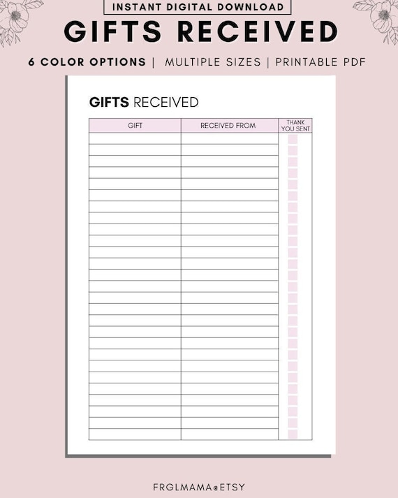 Gifts Received Printable Form Bridal or Baby Shower Birthday | Etsy