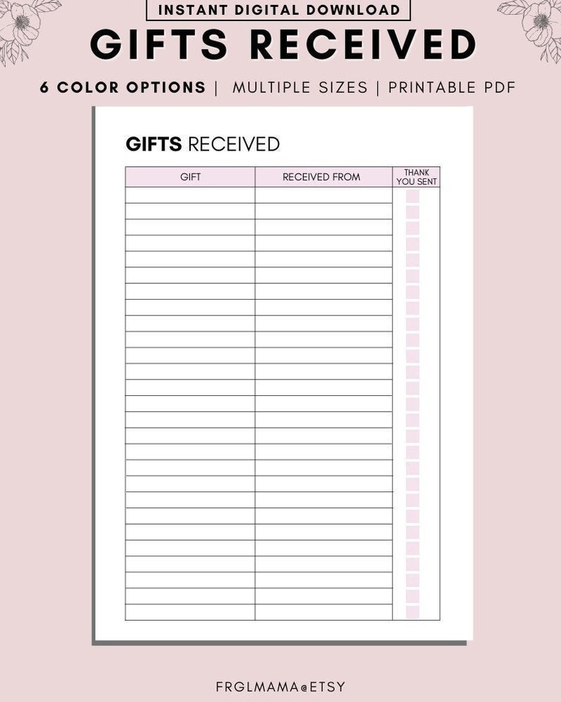Gifts Received Printable Form Bridal or Baby Shower Birthday - Etsy