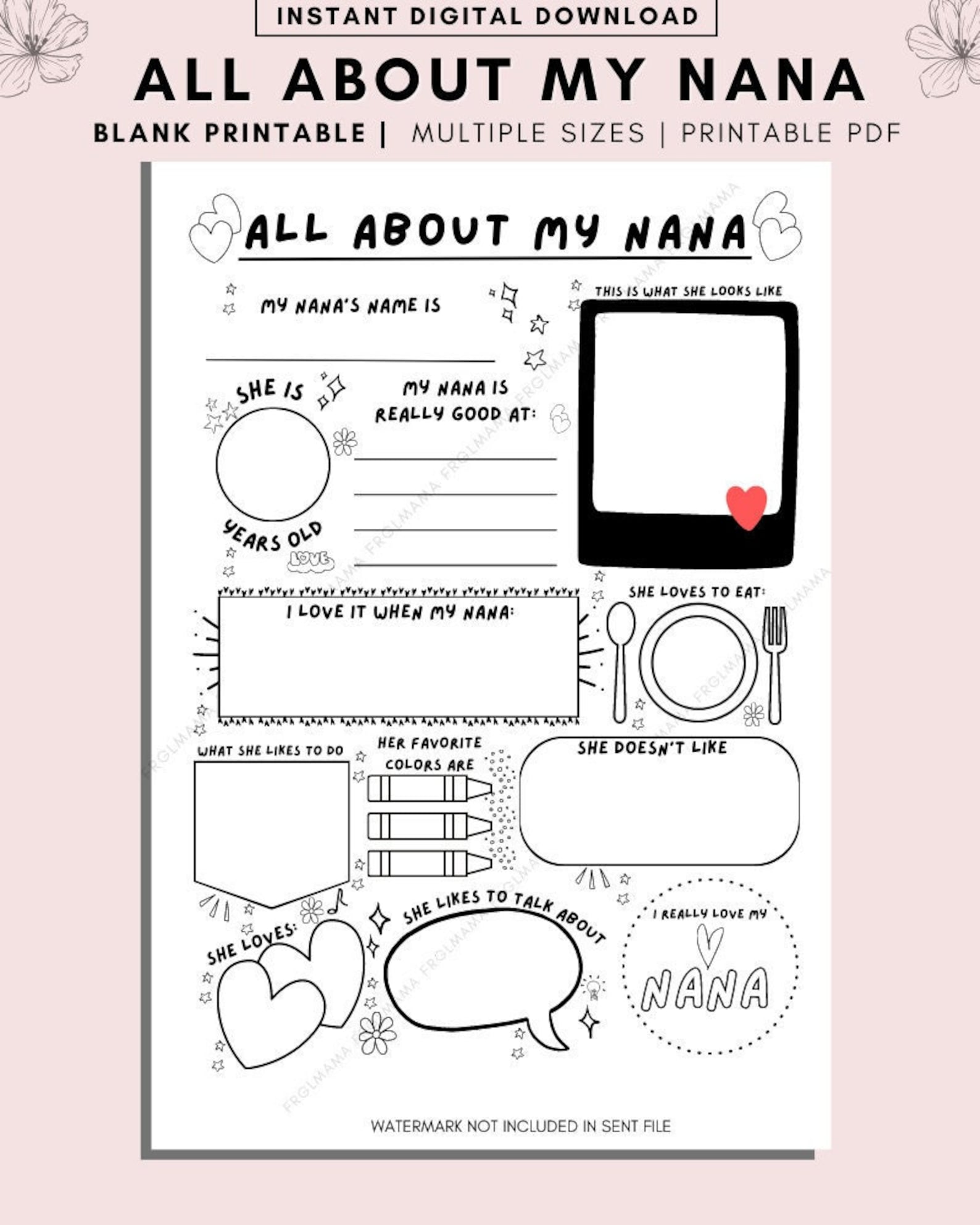 All About My Nana Printable, Mother's Day Fill-in Card (PDF) - Etsy