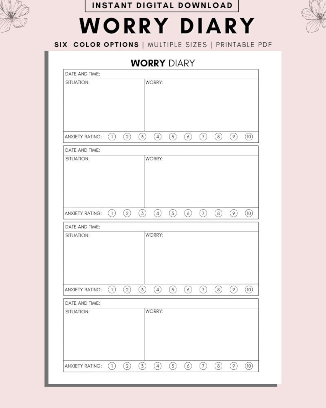 Daily Worry Diary Printable, Printable Anxiety Journal, Anxiety Journal ...