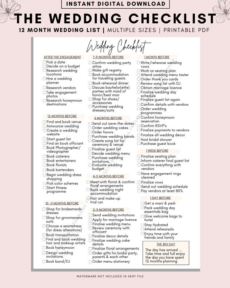12 Month Wedding Checklist Pdf 12 Month Wedding Checklist