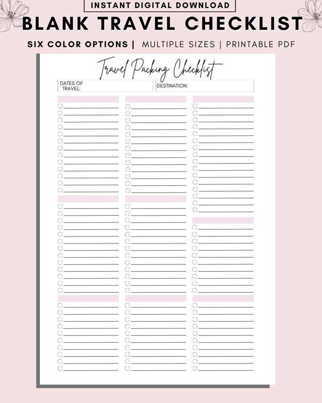 Travel Packing List Printable, Blank Vacation Packing List Printable ...