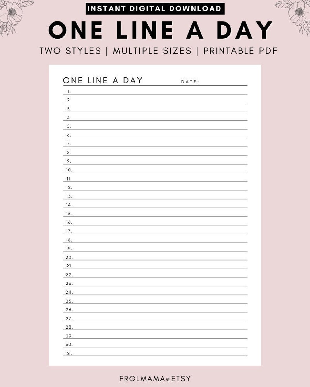 Minimalist One Line A Day Printable Journal, Daily Affirmation ...