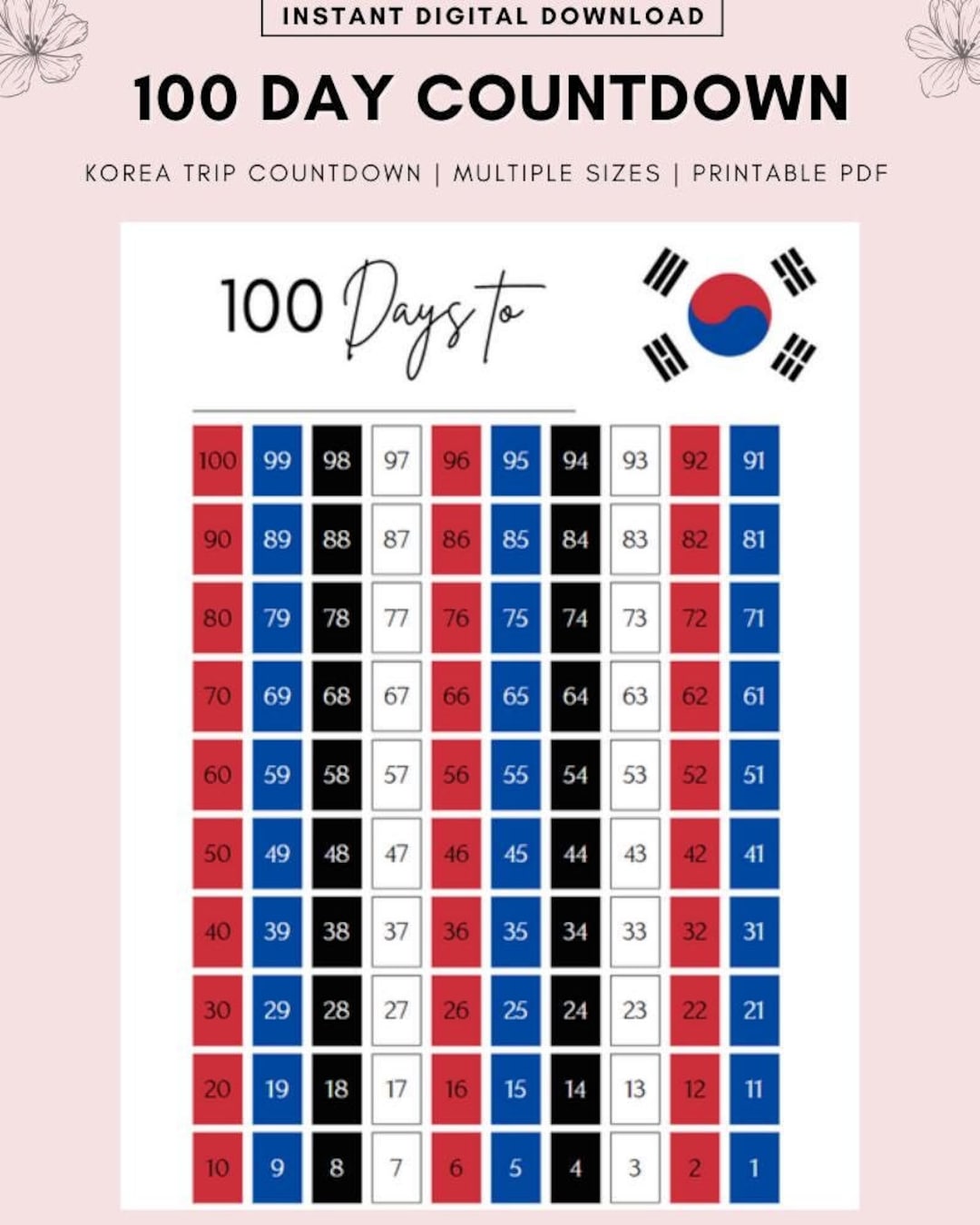 100 Day Countdown Printable Planner, Countdown Calendar, Fitness ...