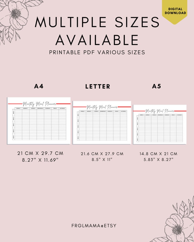 Monthly Meal Planner Printable: A4/A5 & US Letter (PDF Instant Download ...