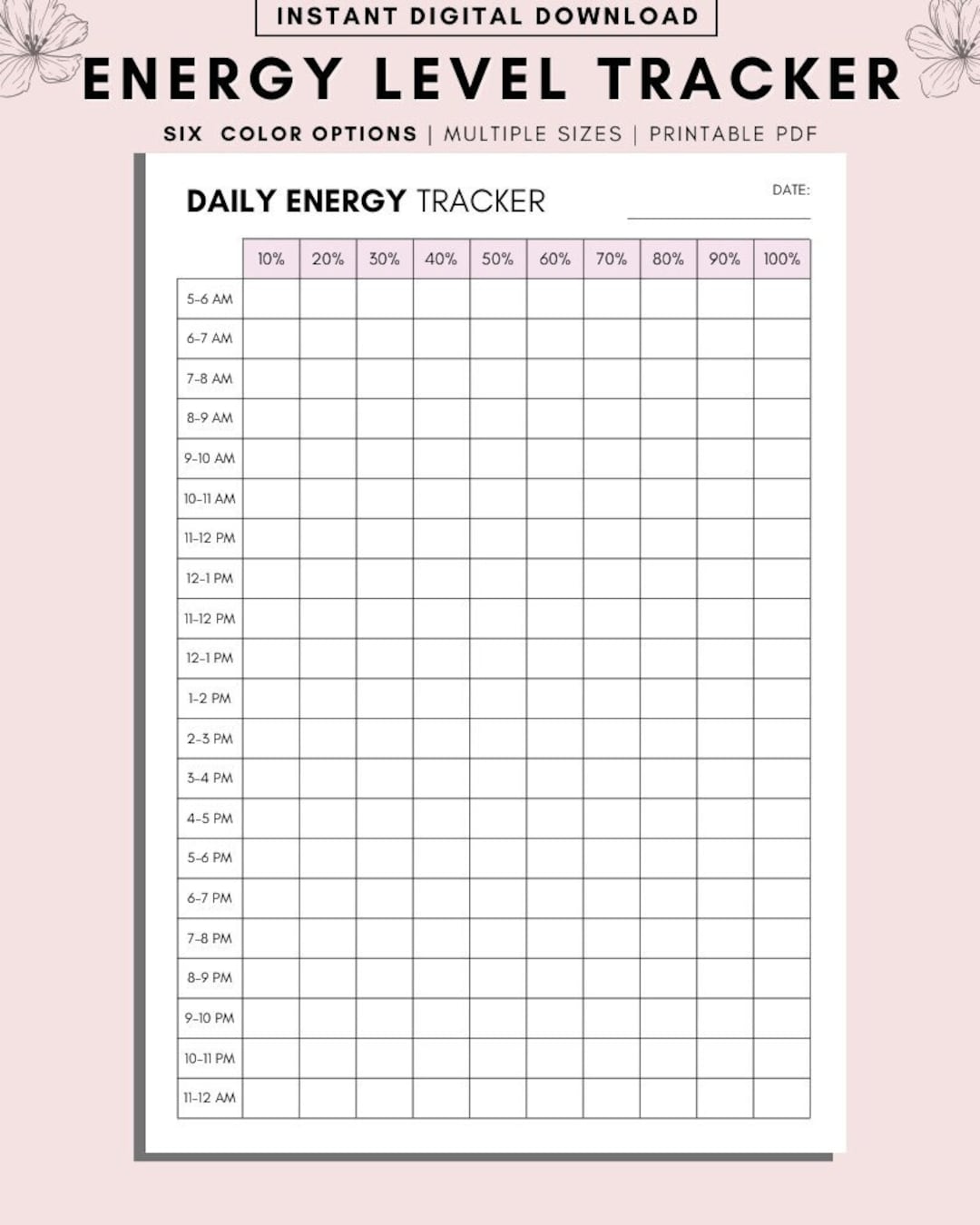 Energy Tracker, DAILY Energy Level Tracker Printable, Track Energy ...