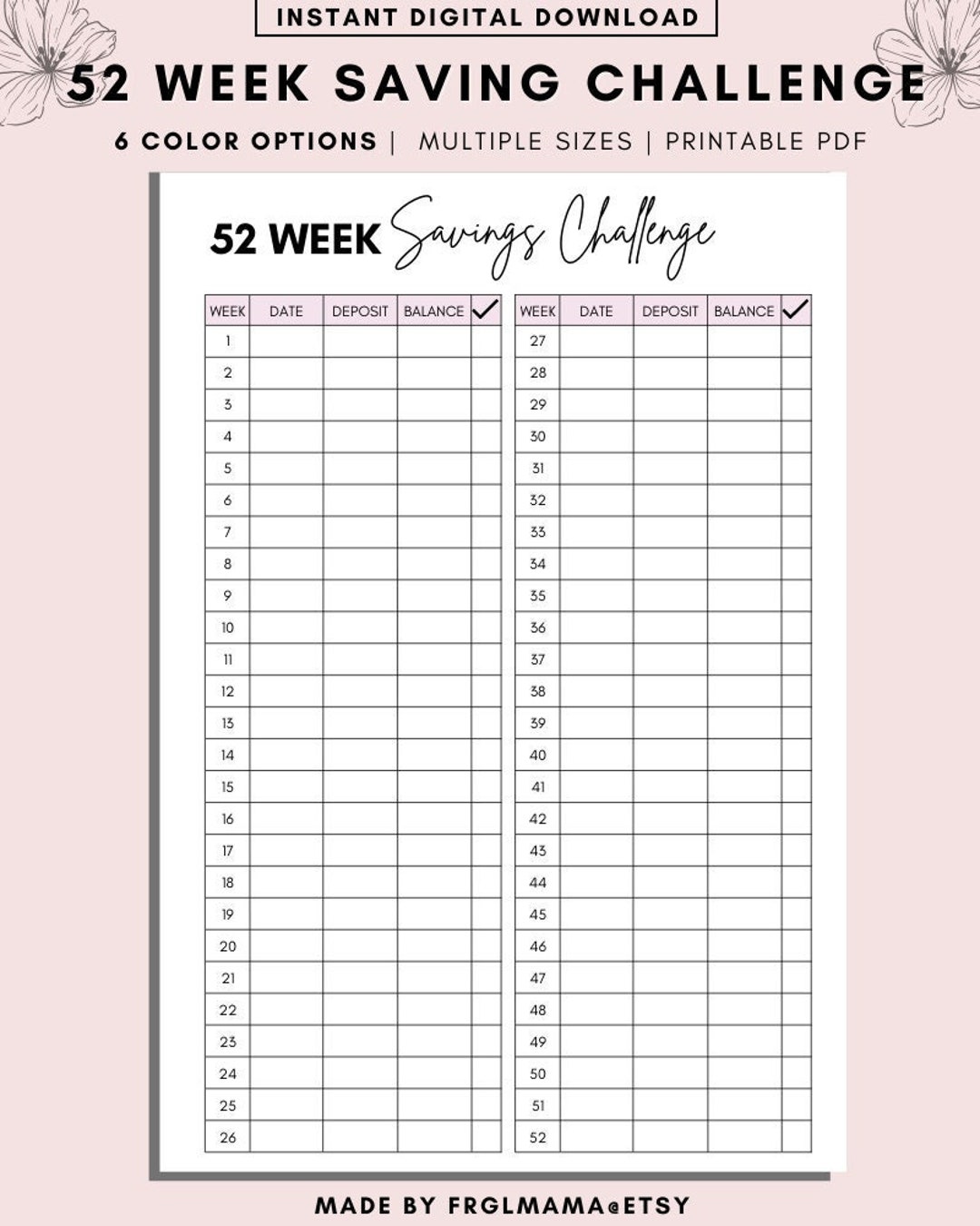 52 Week Savings Tracker Printable, Savings Tracker Emergency Fund ...
