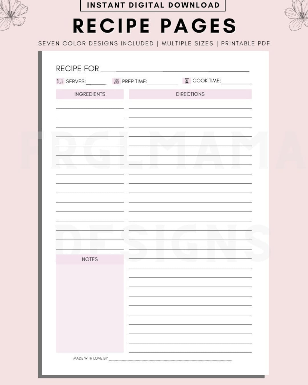 Printable Recipe Page, Recipe Card, Recipe Sheet, Recipe Sheet ...