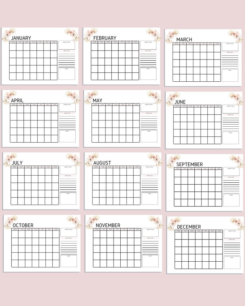 UNDATED Monthly Calendar Landscape Simple Printable Calendar - Etsy