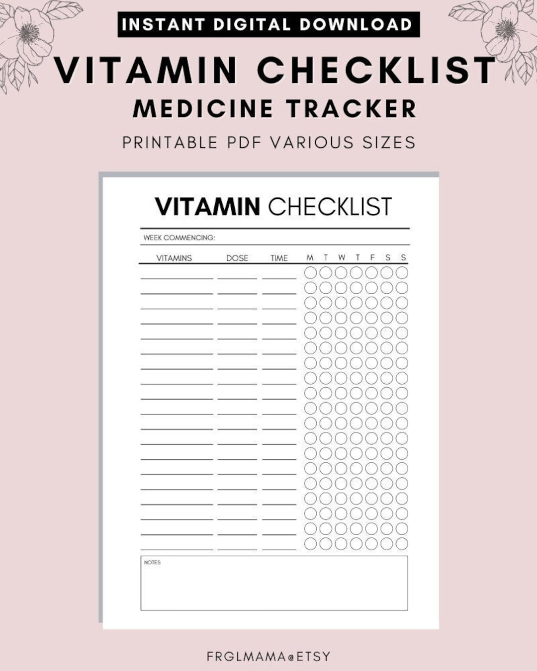 Daily Vitamin Checklist, Vitamin Tracker, Weekly Supplement Checklist ...