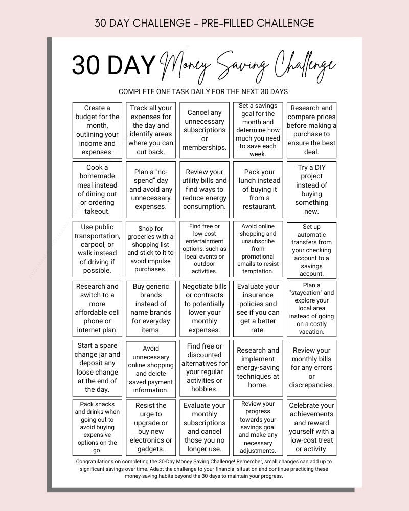 30-day Money Saving Challenge Printable: Finance Tracker (PDF) - Etsy