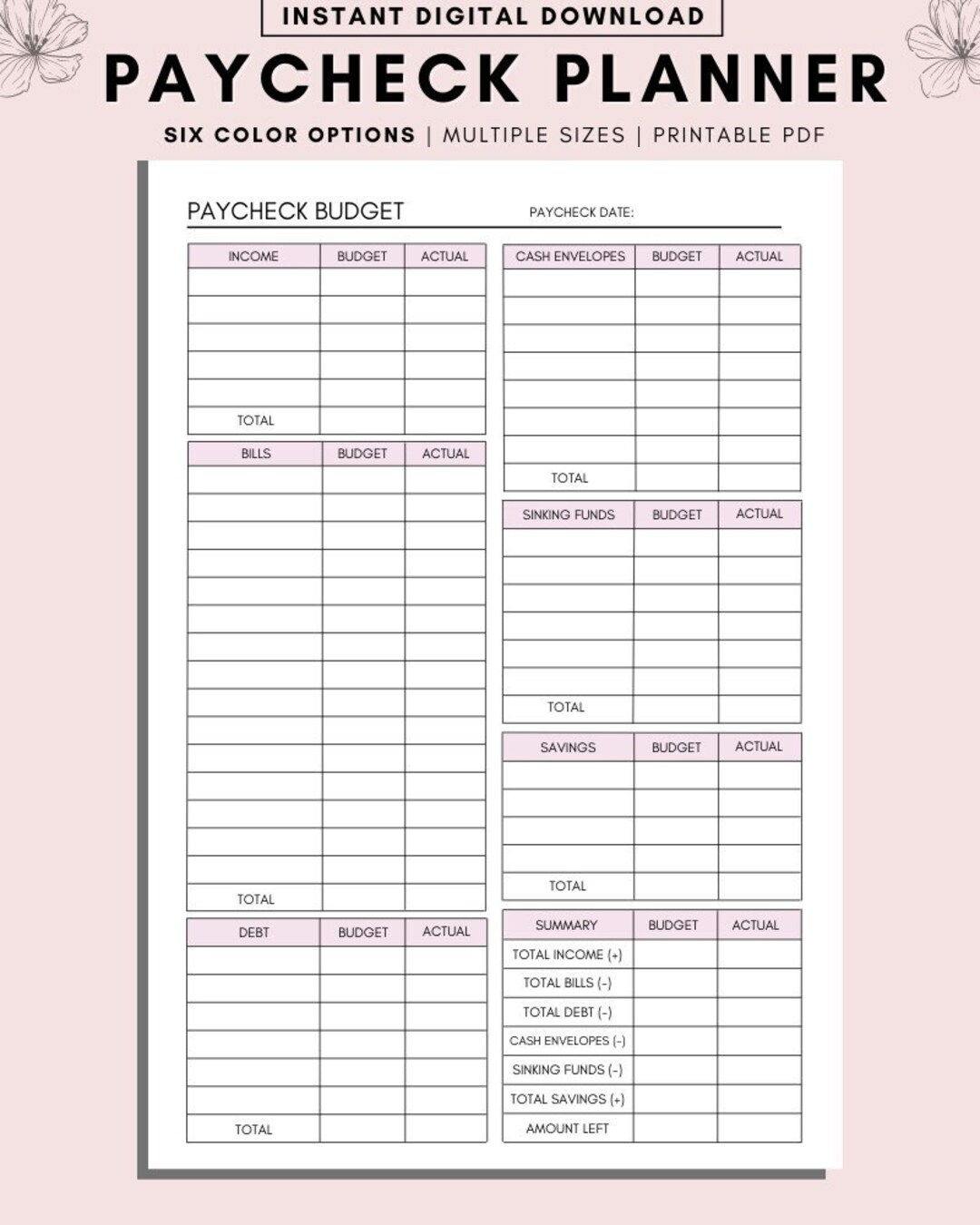 Paycheck Budget Overview Template Printable, Paycheck Budget Printable ...