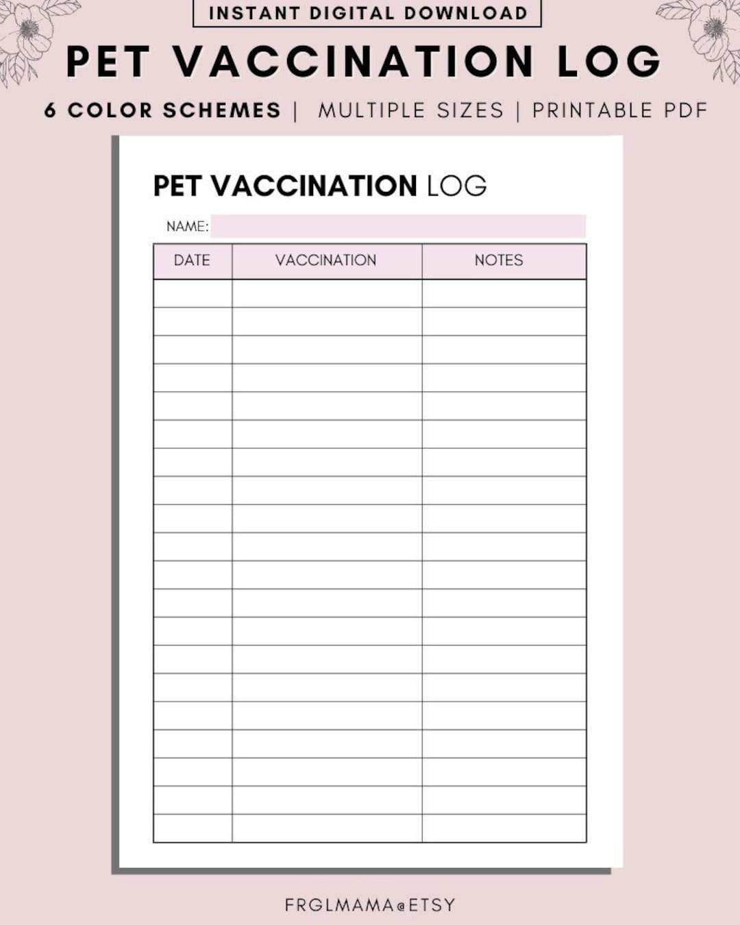 Pet Vaccination Log Instant Download PDF Dog Cat Vet Vaccine Record ...